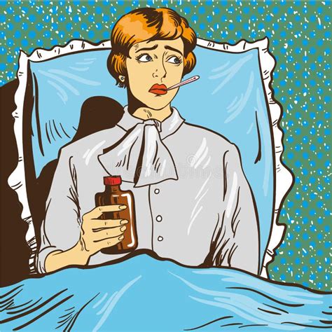 Sick Woman With Fever Lie Down On A Bed In Hospital Room Girl Holds