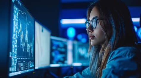 Female Cyber Security Analyst Analysing AI Cyberspace Threats On Computer In Dark Tech Office
