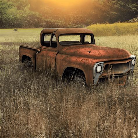 Old Pickup Truck In Overgrown Field · Creative Fabrica