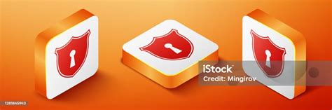 주황색 배경에 격리된 키홀 아이콘이 있는 아이소메트릭 쉴드입니다 보호 및 보안 개념 안전 배지 아이콘입니다 개인 정보 보호 배너 방어 태그입니다 주황색 정사각형 버튼 벡터