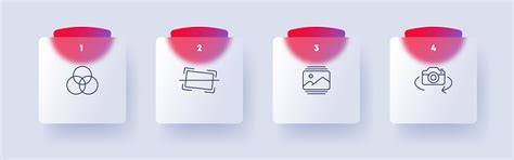 사진 세트 아이콘입니다 사진 작가 프레임 자르기 자르기 필터 효과 갤러리 카메라 렌즈 360도 미디어 개념 유리 형태 스타일 비즈니스 및 광고에 대한 벡터 라인 아이콘 배경