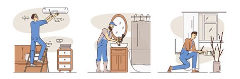 제복을 입은 남자들이 아파트에서 수리를 하고 있다 남성 수리 에어컨 3 명에 대한 스톡 벡터 아트 및 기타 이미지 3 명