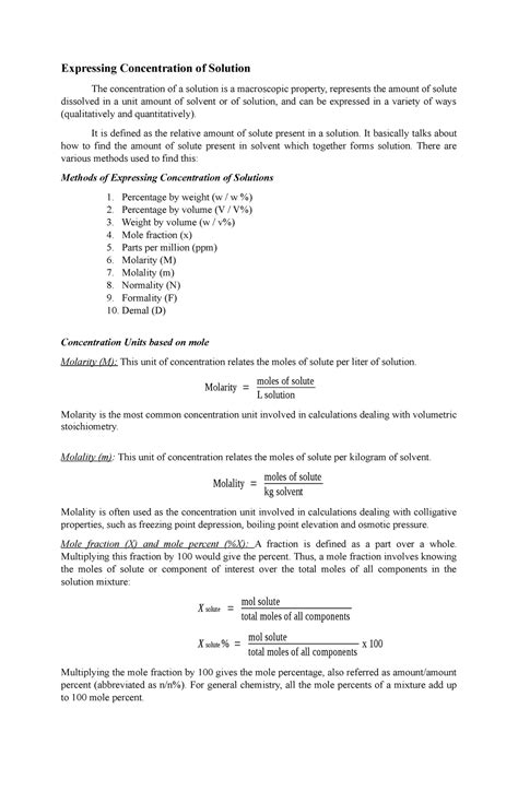 Solution Concentration Formulas Expressing Concentration Of Solution The Concentration Of A