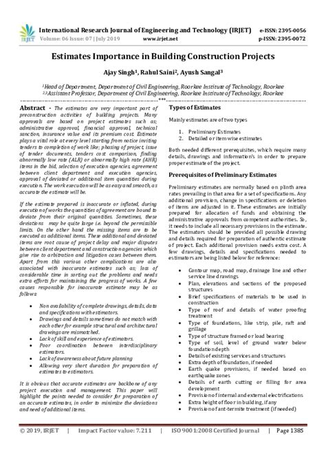 Pdf Irjet Estimates Importance In Building Construction Projects