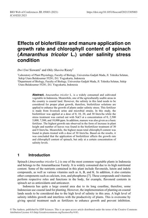 Pdf Effects Of Biofertilizer And Manure Application On Growth Rate And Chlorophyll Content Of