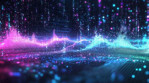futuristic abstract digital waveforms with neon lights and geometric patterns in motion stock