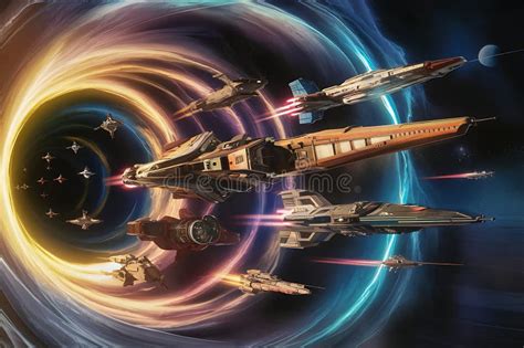Spacecraft Fleet Navigating Cosmic Vortex Stock Illustration
