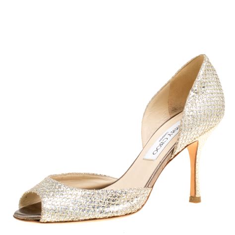 Jimmy Choo Metallic Glitter Champagne Logan Dorsay Peep Toe Pumps Size
