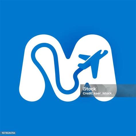 비행기 흔적이 있는 문자 M 로고 네거티브 스페이스 스타일 아이콘입니다 평면 네비게이터 포인터입니다 공항에 대한 스톡 벡터 아트