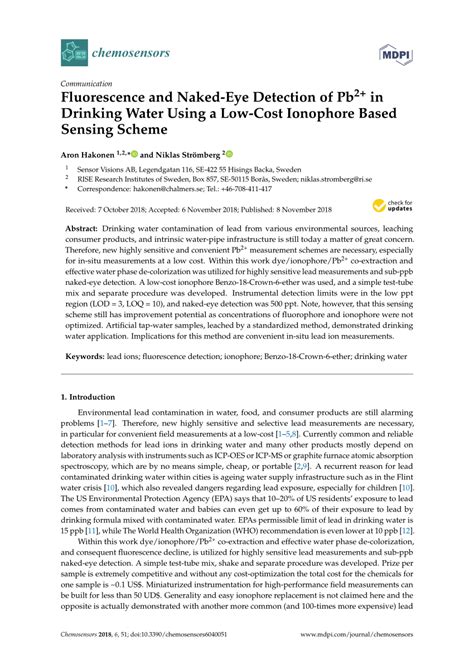 PDF Fluorescence And Naked Eye Detection Of Pb In Drinking Water Using A Low Cost Ionophore