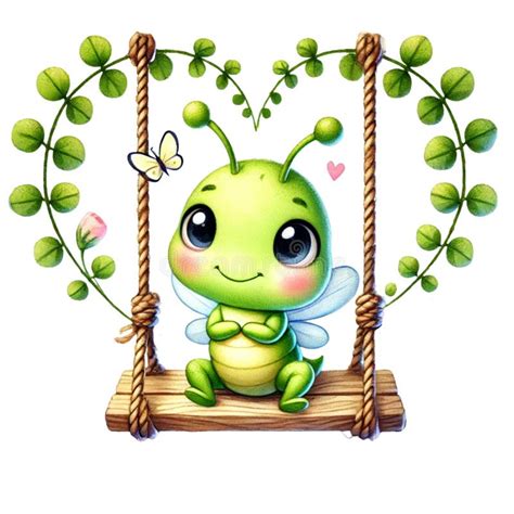 A Cute Cartoon Bug On A Swing Surrounded By Green Leaves Valentine