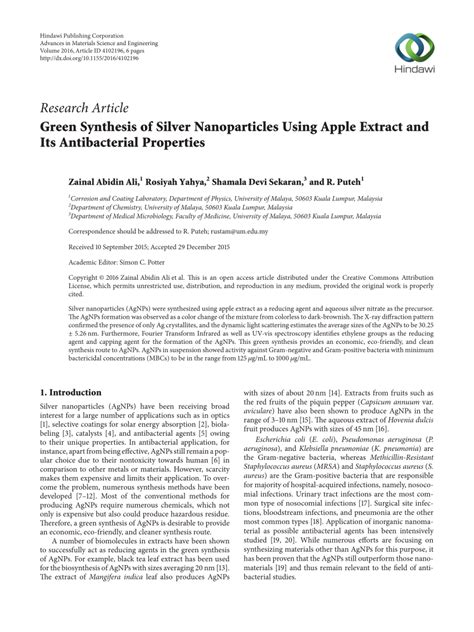 Pdf Green Synthesis Of Silver Nanoparticles Using Apple Extract And Its Antibacterial Properties