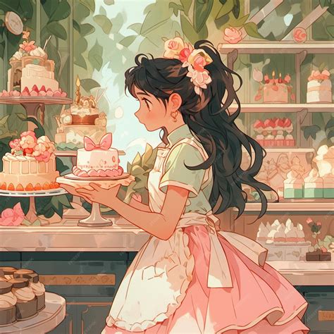 Premium Photo Anime Girl In A Pink Dress Holding A Cake In A Bakery