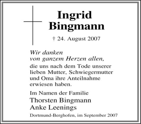 Traueranzeigen Von Ingrid Bingmann Trauer In Nrw De