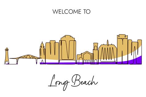 Long Beach Skyline Single Continuous Line Drawing Flat Color Long
