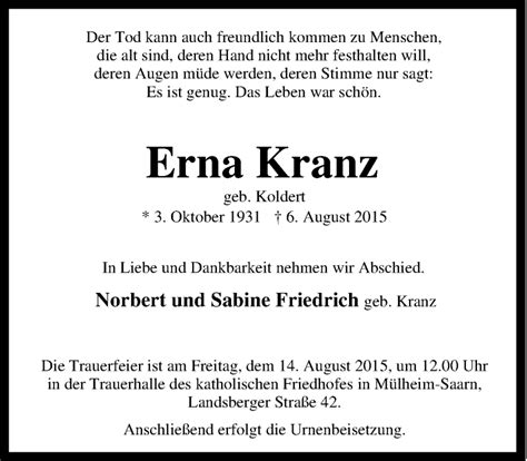 Traueranzeigen Von Erna Kranz Trauer In Nrw De