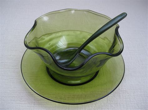 Vintage 1970s Olive Green Glass Bowl With Under Plate And