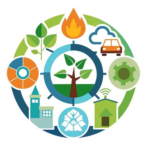 Circular Design With Symbols Of Sustainability Including A Tree A House A Car A Gear A Cloud