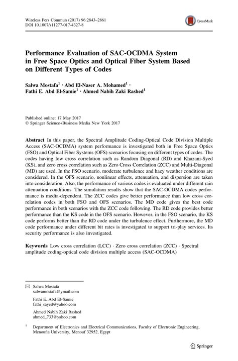 Pdf Performance Evaluation Of Sac Ocdma System In Free Space Optics And Optical Fiber System