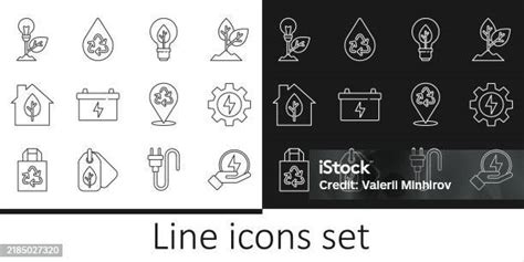 세트 라인 번개 기어 및 번개 잎이 달린 전구 자동차 배터리 친환경 주택 재활용 및 청소 아쿠아 아이콘 벡터 검은색에 대한 스톡 벡터 아트 및 기타 이미지 Istock