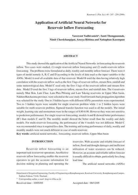 Pdf Application Of Artificial Neural Networks For Reservoir Inflow Forecasting