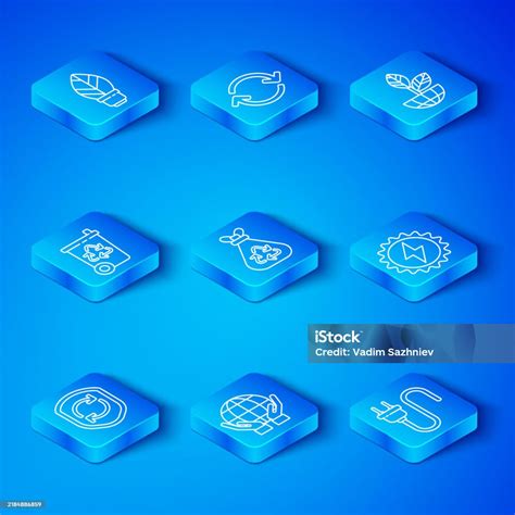 세트 라인 재활용 기호 방패 재활용 쓰레기 봉투 지구 지구본 태양 에너지 패널 식물 쓰레기통 전구 잎 및 전기 플러그 아이콘을 들고 있습니다 벡터 3차원 형태에 대한 스톡