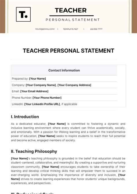 Free Teacher Personal Statement Template To Edit Online