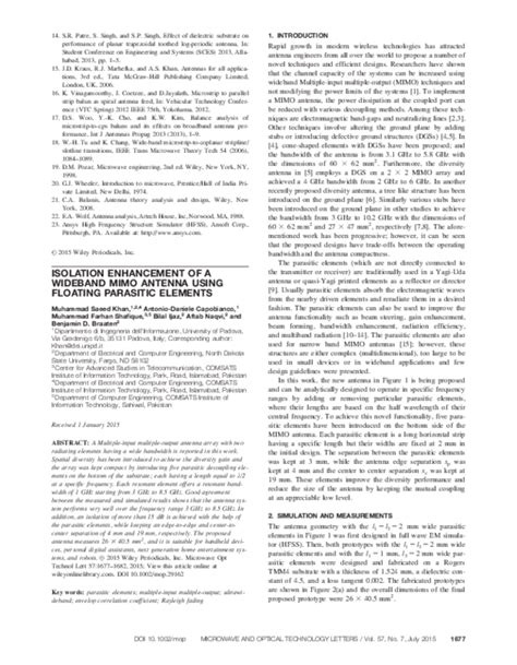 Pdf Isolation Enhancement Of A Wideband Mimo Antenna Using Floating Parasitic Elements