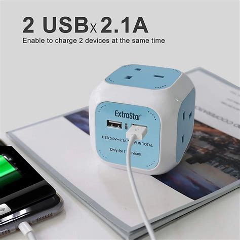 4 Way Magic Cube Socket With Cable 3g1 25 1 5m Blue With 2 Usb Charger