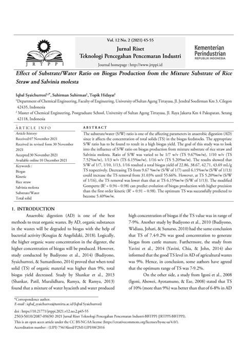 Pdf Effect Of Substratewater Ratio On Biogas Production From The