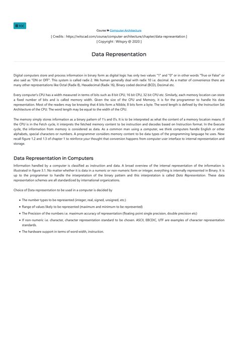 Data Representation Computer Architecture - TOC [ Credits : - Studocu