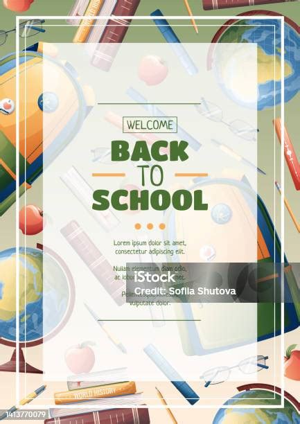 학교 배낭 지구 및 교과서가있는 전단지 디자인 학교 시간 학교로 돌아 가기 교육 전단지 포스터 배너 크기 4 학용품에 대한 스톡