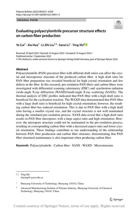 Evaluating Polyacrylonitrile Precursor Structure Effects On Carbon Fiber Production Request Pdf