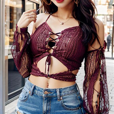 Premium Ai Image A Woman In A Red Top And Blue Shorts