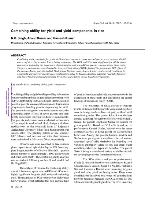 Pdf Combining Ability For Yield And Yield Components In Rice