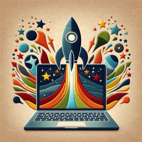 Felt Art Patchwork Sleek Rocket Blasting Off From An Open Laptop