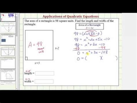 Ex Quadratic Equation App Find The Dimensions Of A Rectangle Given Area Factoring YouTube