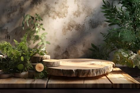 Premium Ai Image Product Display On Wooden Log Slices Amidst Green