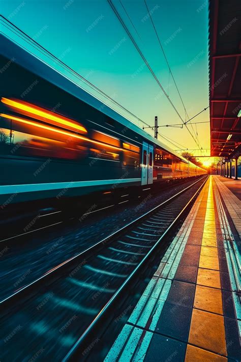 High Speed Train In Motion On The Railway Station At Sunset Fast Moving