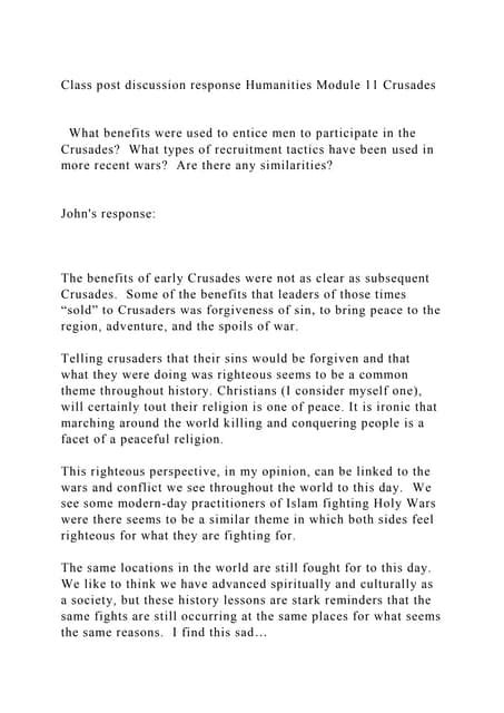 Class Post Discussion Response Humanities Module 11 Crusades Docx