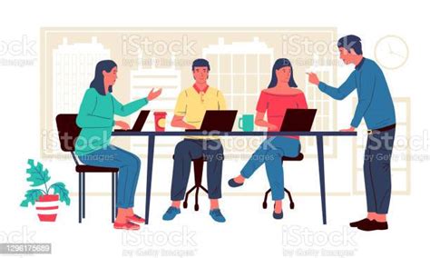 프리랜서의 협력 사무실에서 만화 사람들 노트북과 함께 일하는 남성과 여성 프로젝트 또는 브레인스토밍에 대한 팀워크 현대 작업 공간 인테리어 벡터 일러스트 동료에 대한 스톡
