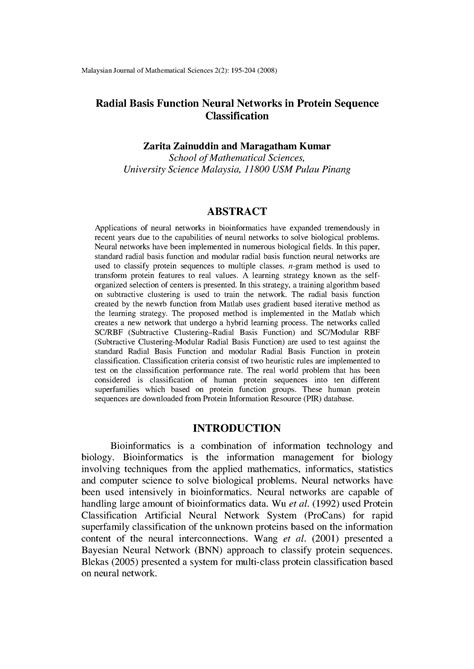 Radial Basis Function Neural Networks In Protein Sequence