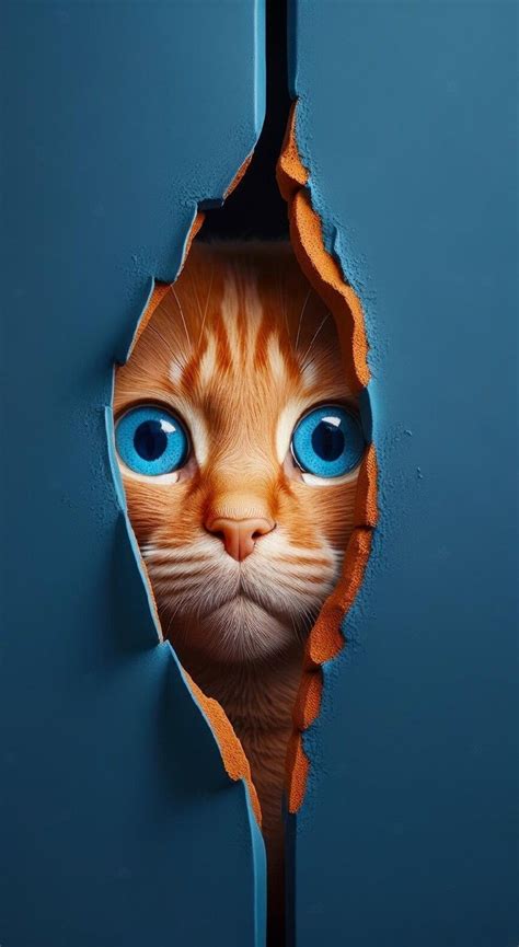 An Orange And White Cat With Blue Eyes Peeks Through A Hole In The Wall