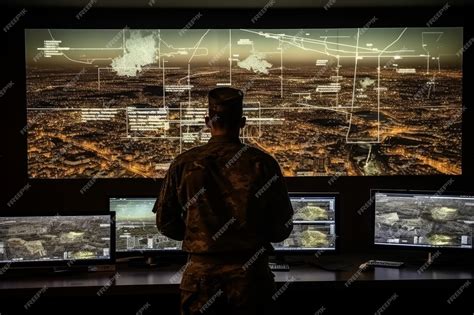 Centralized Military Surveillance Command Center Monitoring National Security With Computer