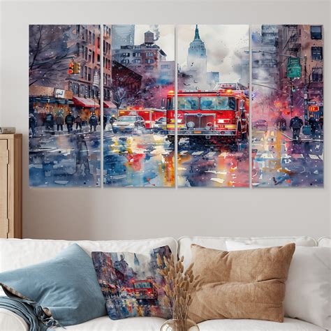 Winston Porter Red Fire Truck In New York Ii Fireman Canvas Art Set