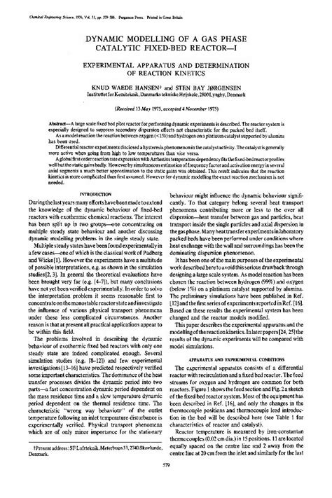 Pdf Dynamic Modelling Of A Gas Phase Catalytic Fixed Bed Reactor—i