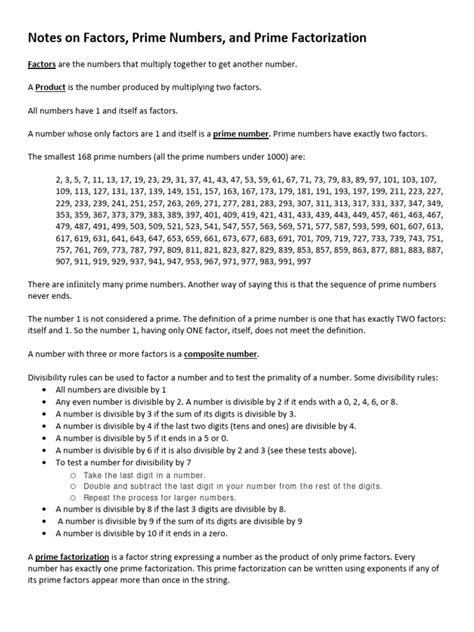 Notes On Prime Numbers And Prime Factorization Pdf Numbers