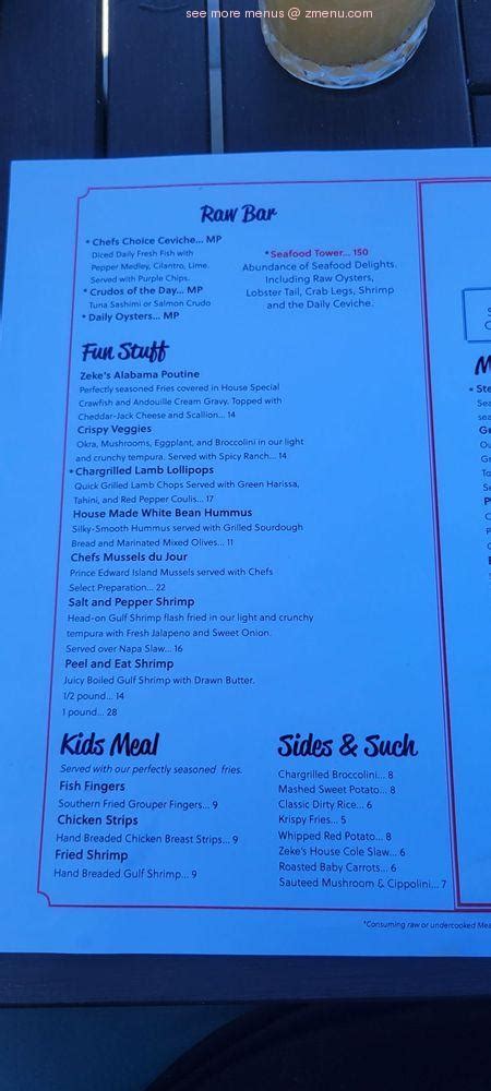 Online Menu Of Zeke S Restaurant Restaurant Orange Beach Alabama