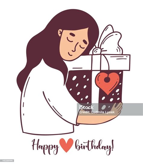 엽서 생일 축하합니다 큰 선물 상자를 가진 귀여운 여자 스타일 낙서의 벡터 그림입니다 디자인을 위한 여성 휴일 캐릭터 공휴일에