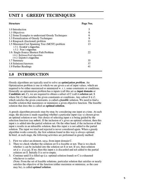 unit 1 greedy techniques structure page nos pdf mathematical